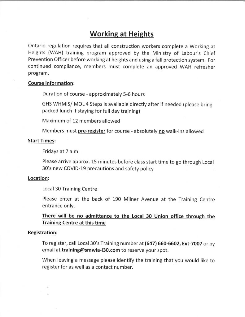 Notice - Working at Heights Training - Local 30