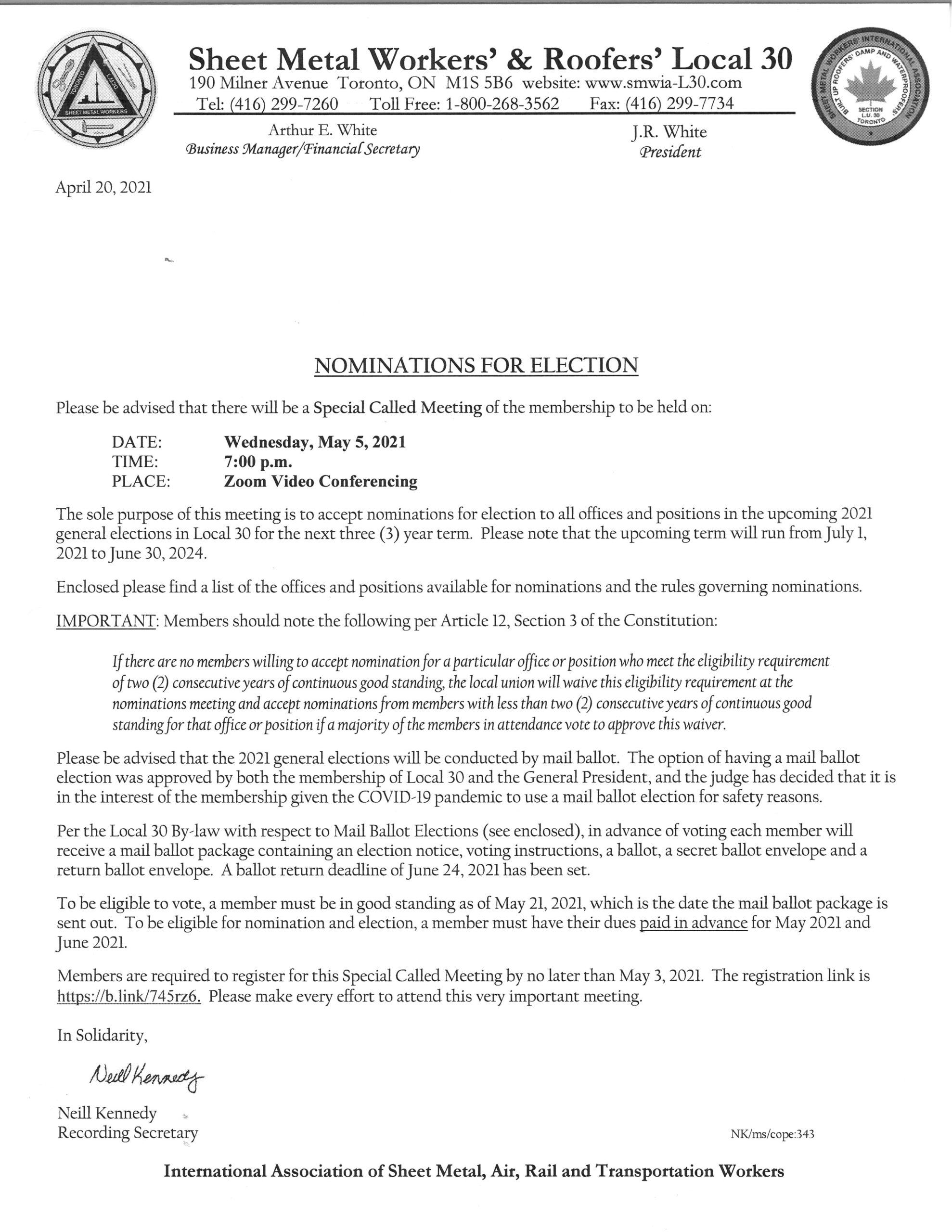 Notice of Nomination - Local 30