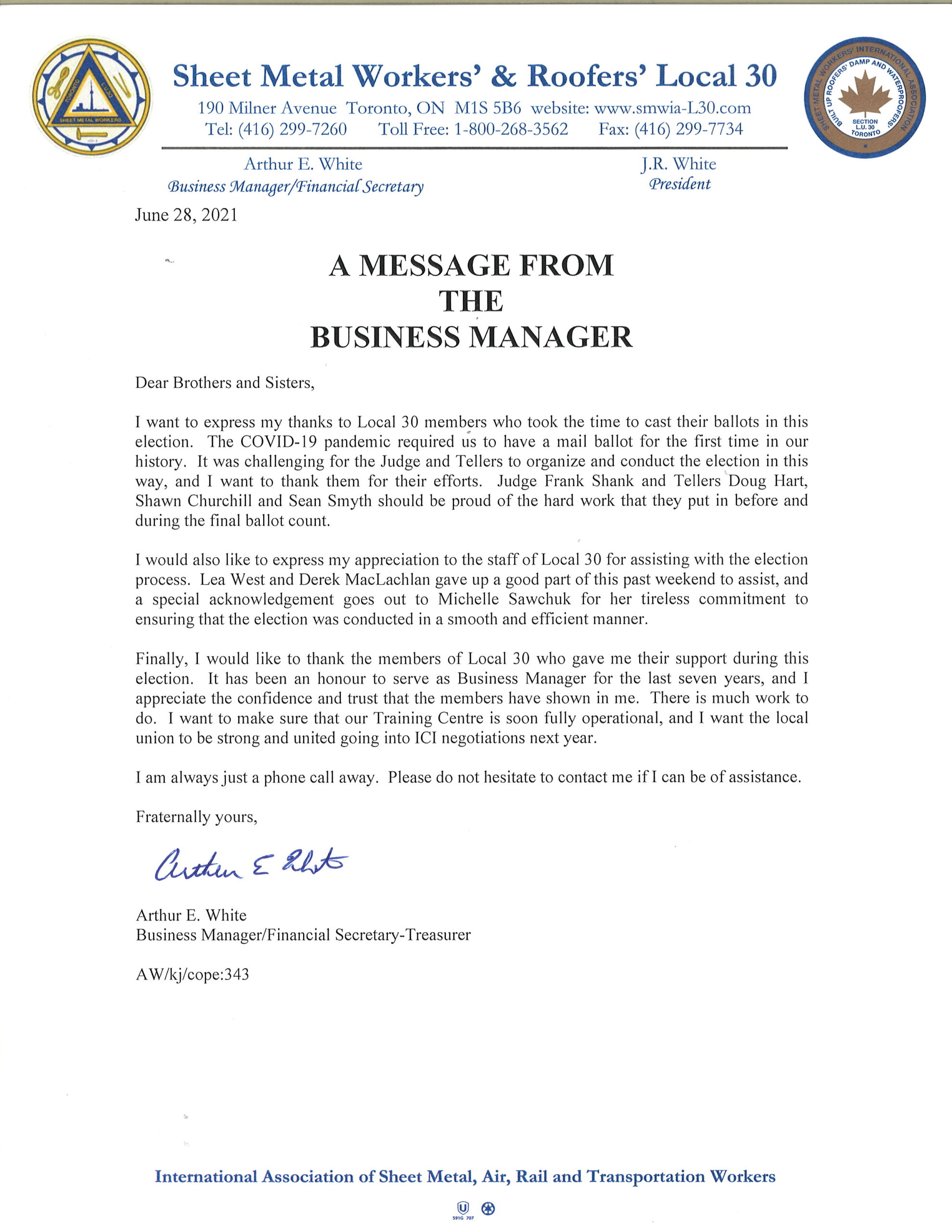 Message from the Manager - Local 30