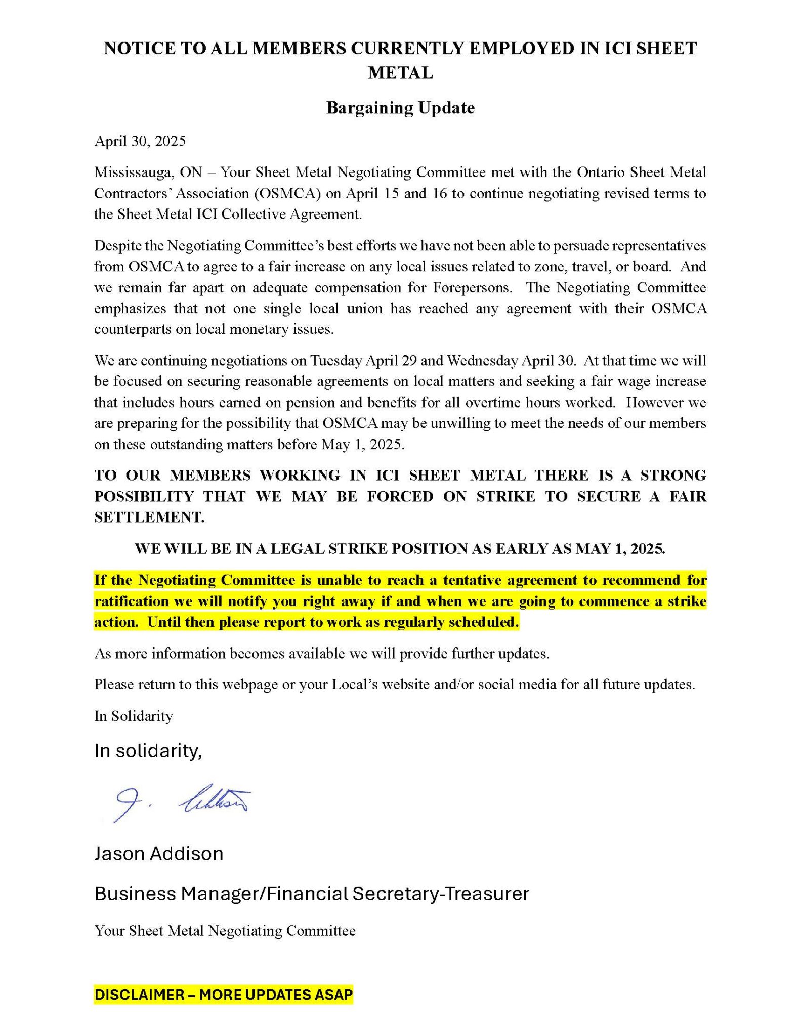 UPDATE APRIL 30: NOTICE TO ALL MEMBERS CURRENTLY EMPLOYED IN ICI SHEET ...