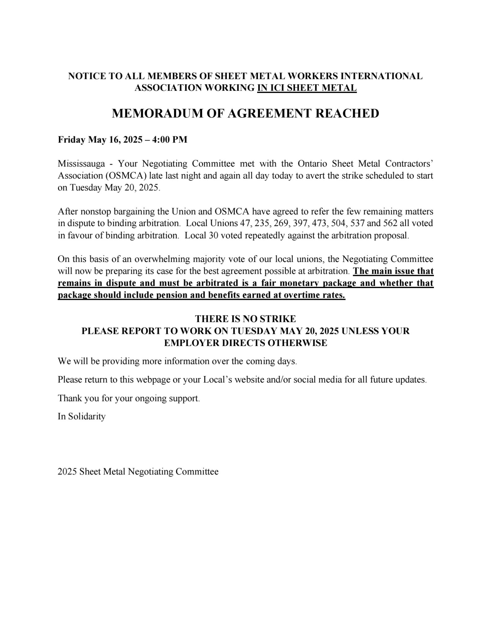 Memorandum of Agreement Reached - Local 30