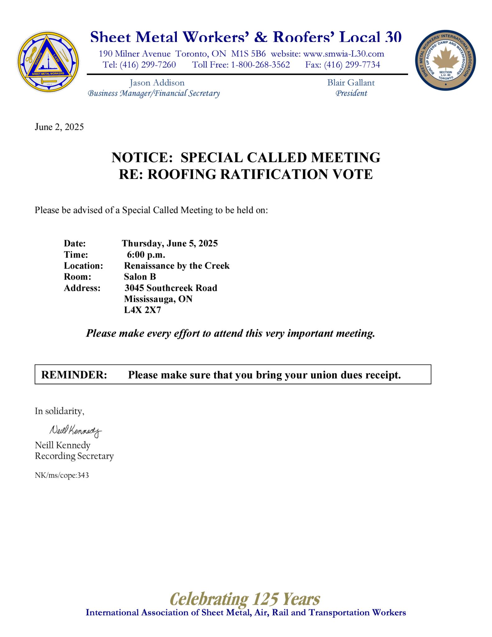 Roofers: Special Called Meeting - Local 30