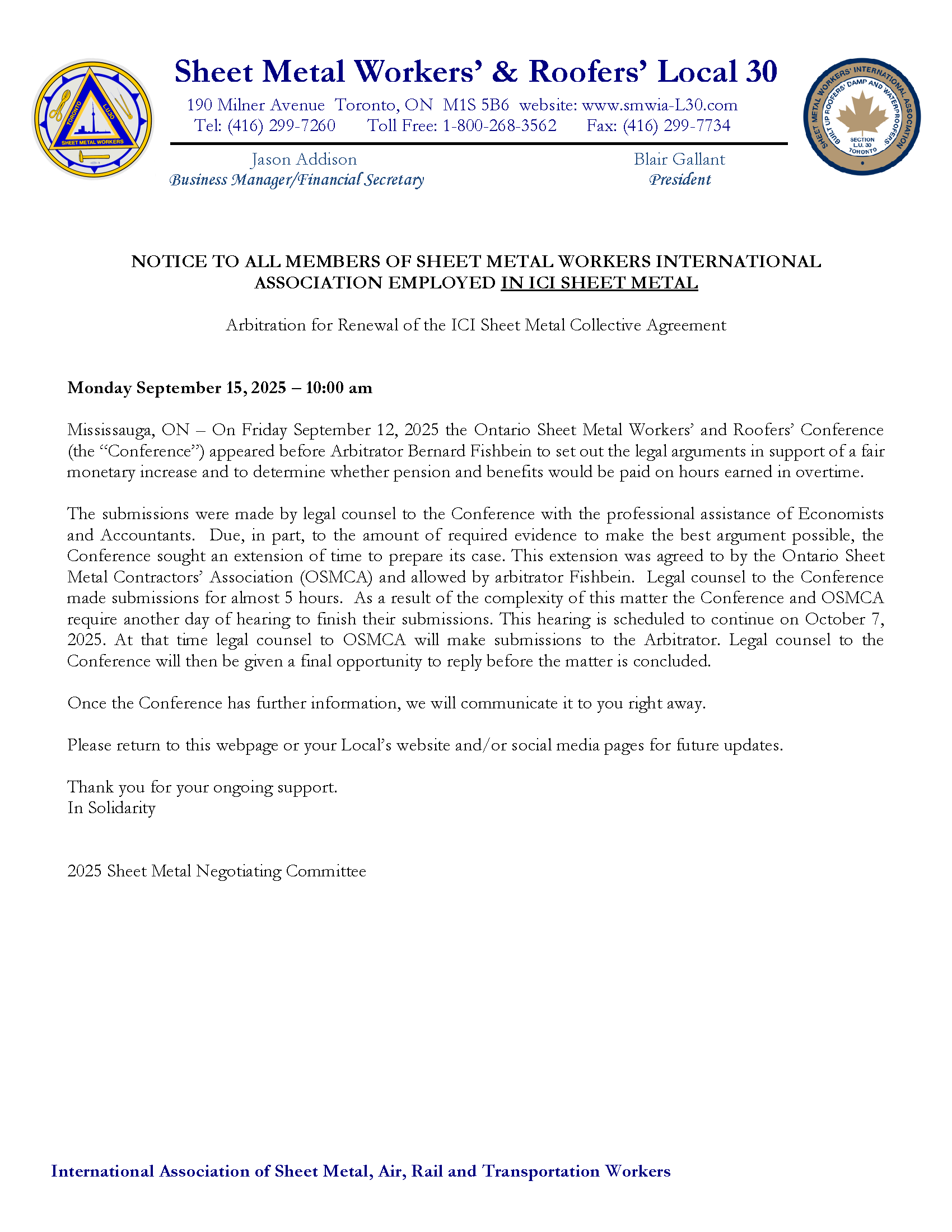 Arbitration for Renewal of the ICI Sheet Metal Collective Agreement ...