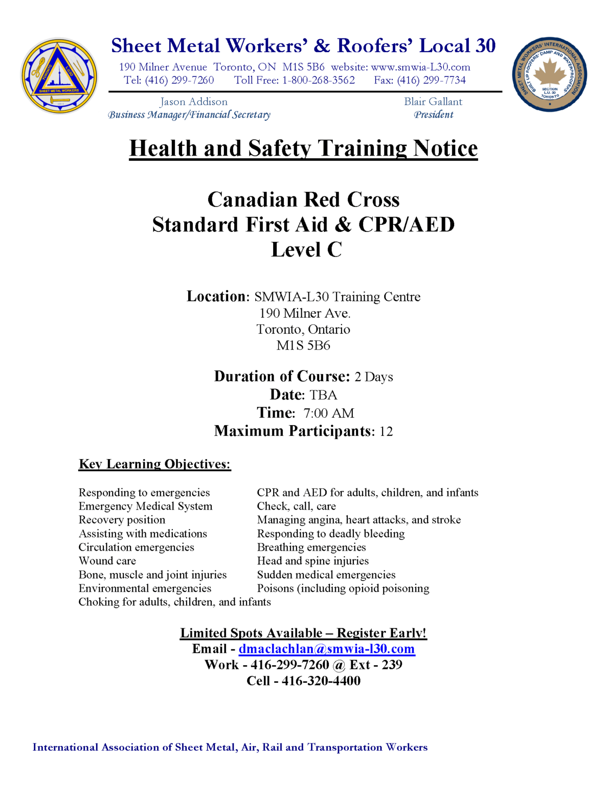 First Aid Training Notice - Local 30