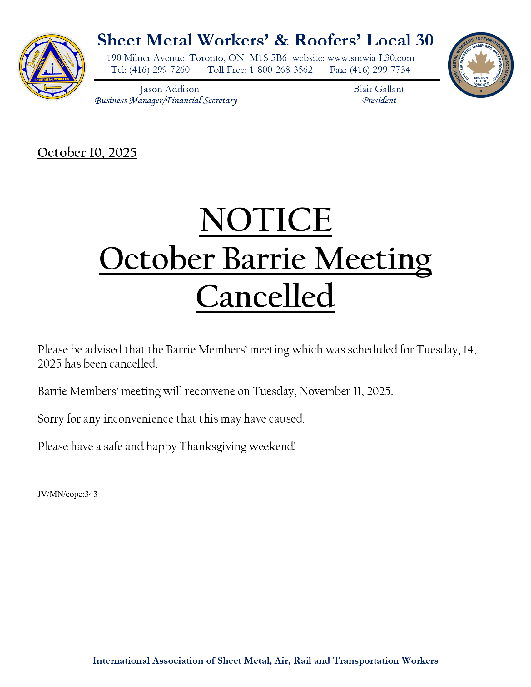 October Barrie Meeting Cancelled - Local 30