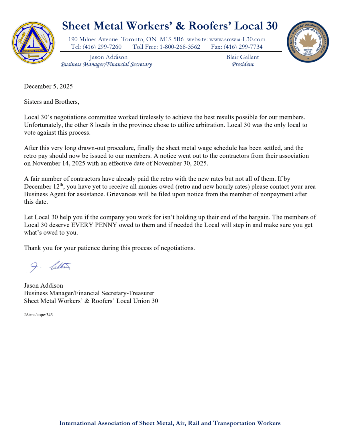 Negotiation Update - Local 30