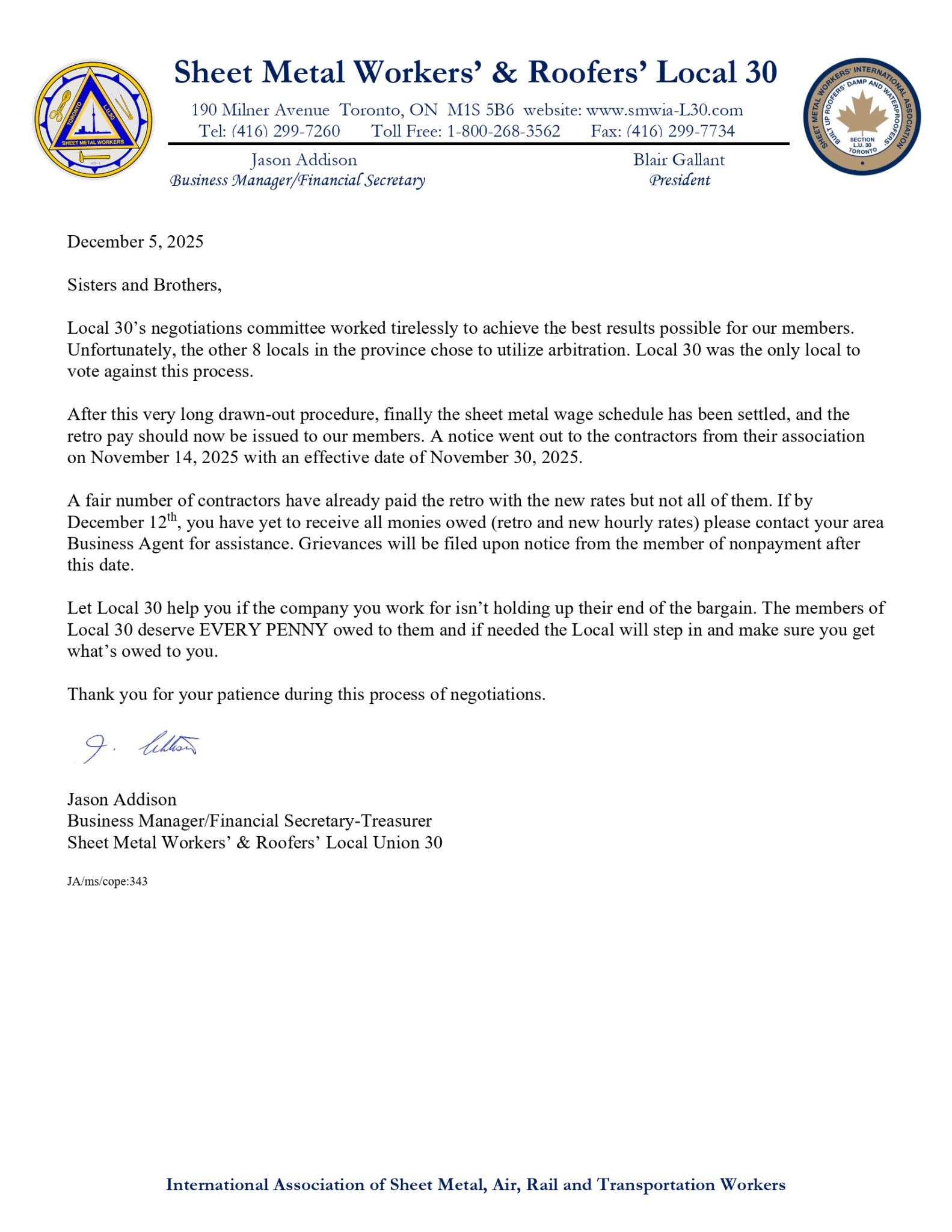 Negotiation Update - Local 30